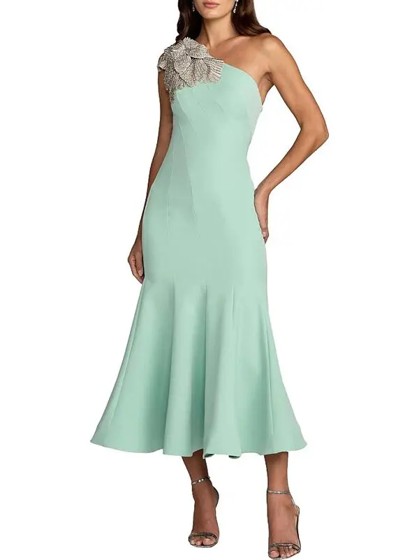 Mac Duggal Crepe One-shoulder Mermaid Midi Dress With Embellished Flower - Sage