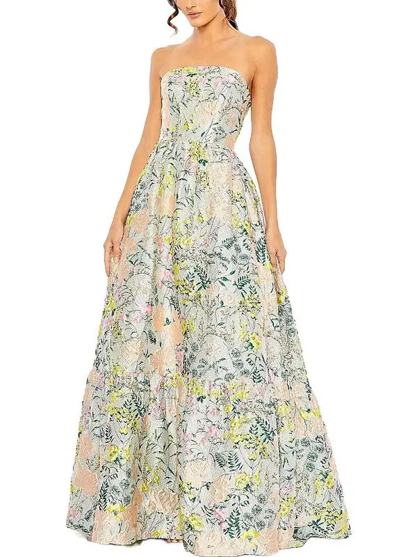 Mac Duggal Floral Brocade Strapless A-line Gown - Pastel Multi