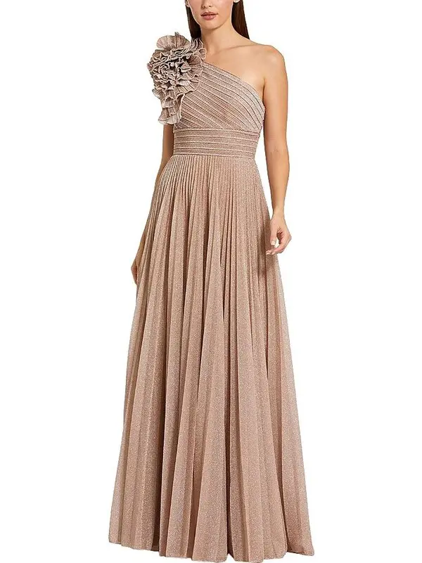 Mac Duggal Pleated Metallic One-shoulder Gown With Ruffle - Champagne