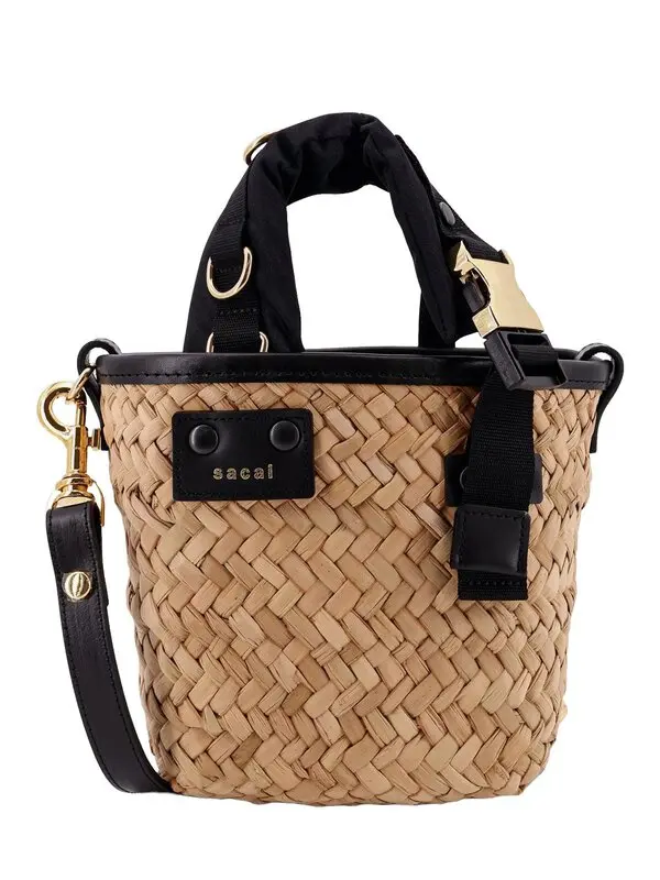 Sacai Raffia And Leather Crossbody Bag - Black