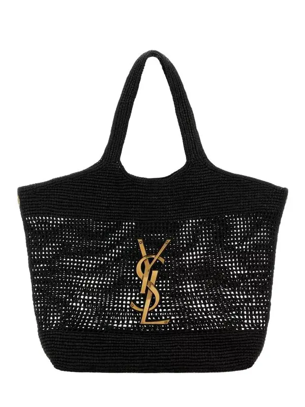 Saint Laurent Raffia Icare Shopping Tote Bag - Black