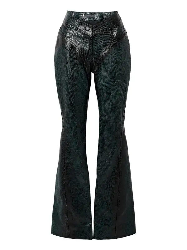 MUGLER Paneled Snake-effect Leather Flared Pants - Dark Green