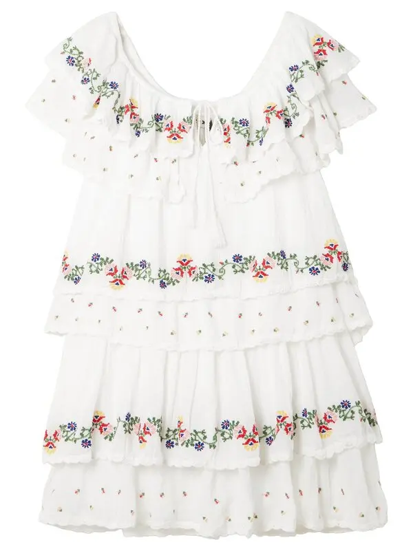 Rixo Leilani Tiered Embroidered Mini Dress - Neutrals