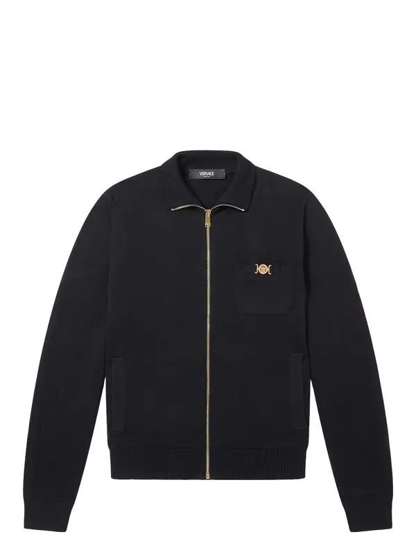 Versace Embellished Cotton-blend Zip-up Sweater - Black