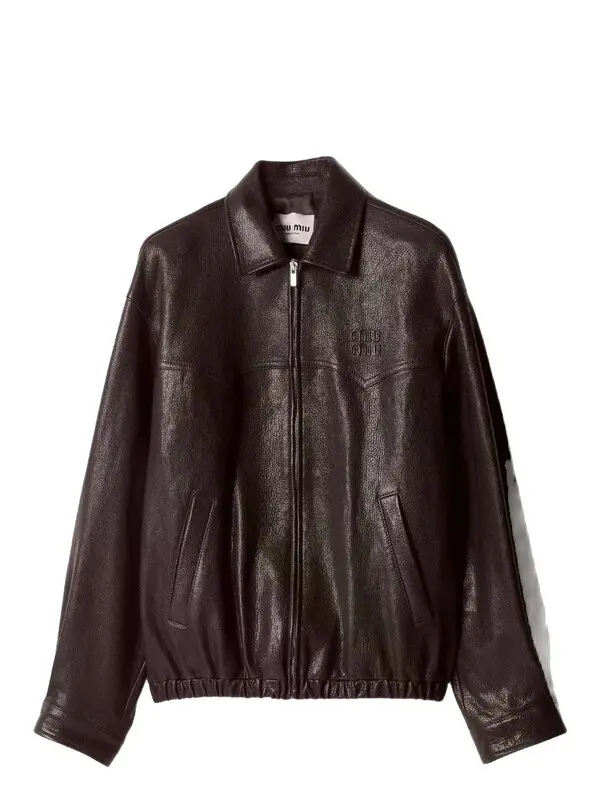 Miu Miu Logo-relief Regular-fit Leather Jacket - Brown