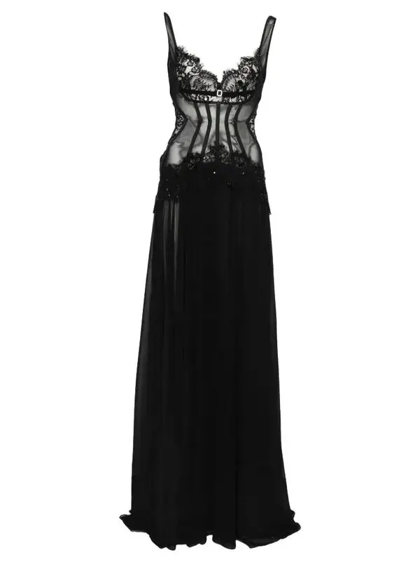 NISSA Lace Trim Maxi Dress - Black