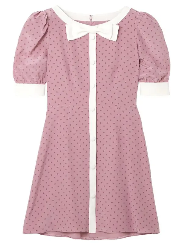 Alessandra Rich Clover Bow-detailed Polka-dot Silk Mini Dress - Pink