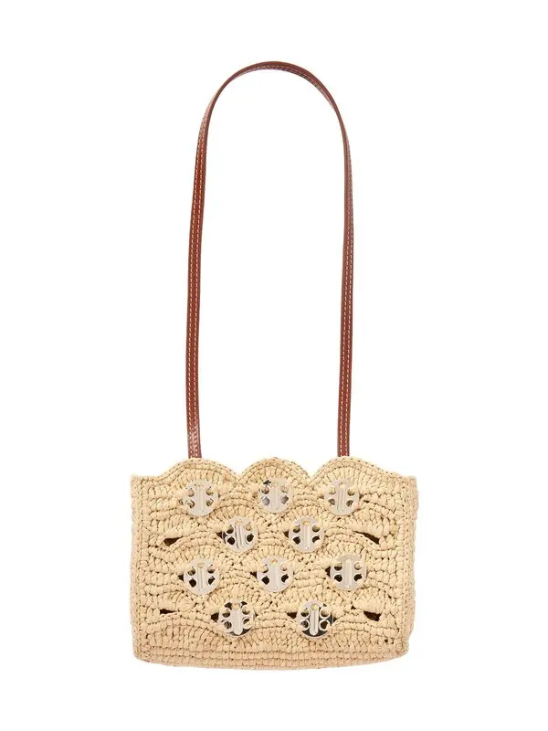 Rabanne Leather-trimmed Studded Raffia Shoulder Bag - Neutrals
