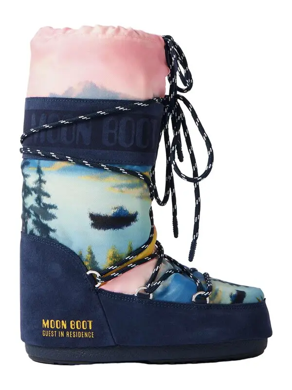 Moon Boot Guest In Residence Icon Postcard Suede-trimmed Printed Shell Snow Boots - Navy