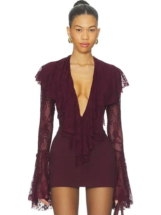 Norma Kamali Long Sleeve Deep V Ruffle Bodysuit - Plum