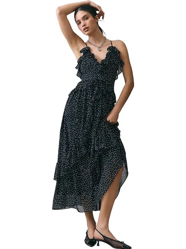 Endless Rose Petite Polka Dot Ruffle Midi Dress - Black