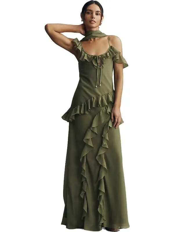 Bhldn Lottie Ruffled Chiffon Gown - Olive Green