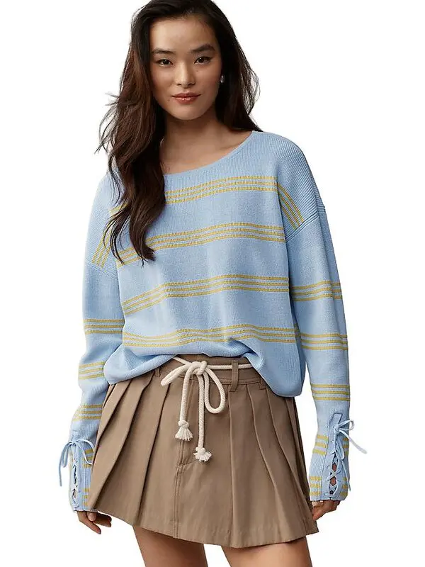 Maeve Boat-neck Lace-up-sleeve Pullover Sweater - Blue Stripe