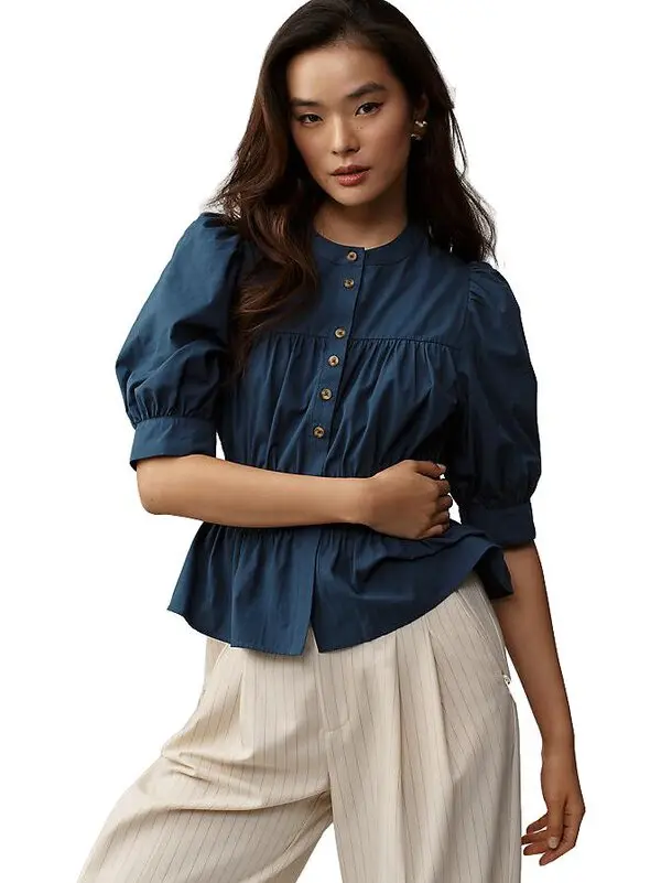 Maeve Puff-sleeve Buttondown Top - Washed Navy