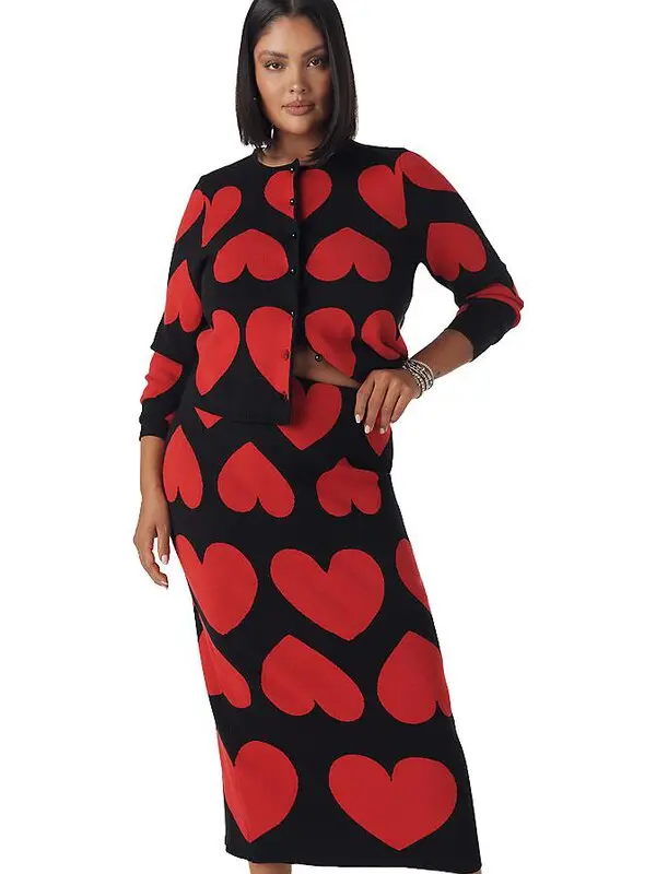 ELOQUII Heart Icon Knit Midi Skirt - Red Pattern