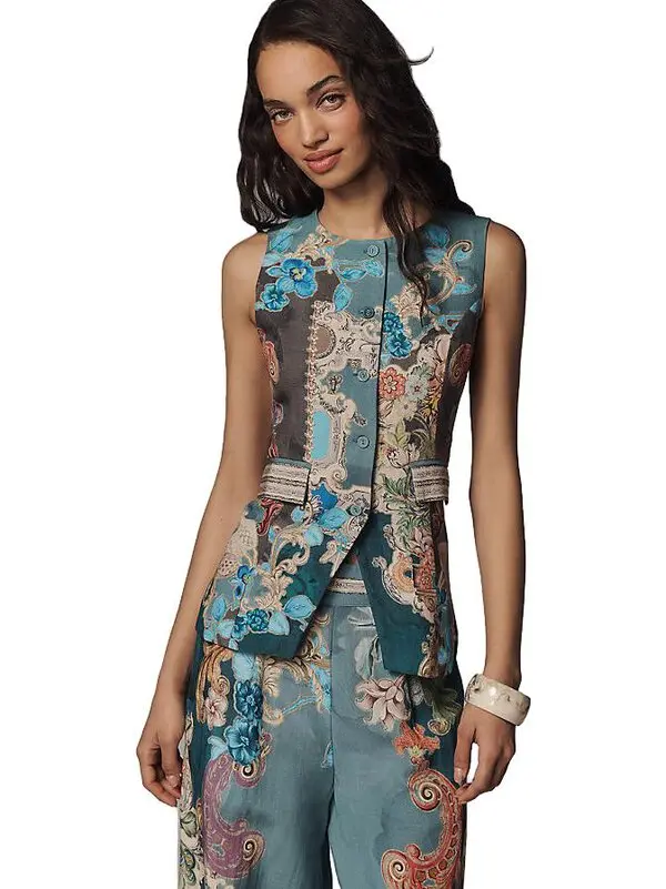 RANNA GILL Linen Blend Printed Vest Top - Blue Floral