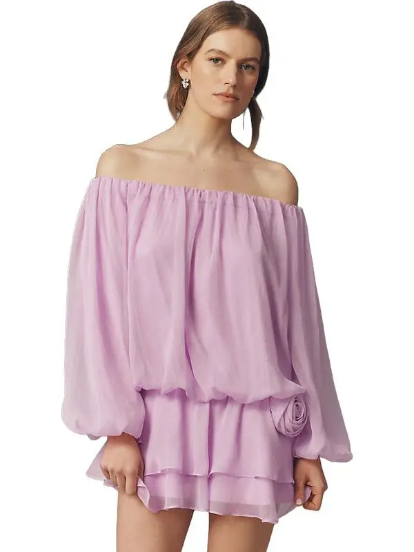 Bhldn Off-shoulder Chiffon Mini Dress - Frosted Tulip