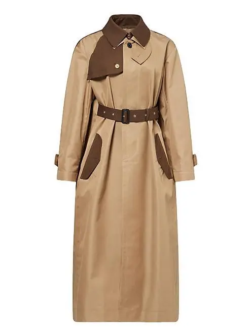 Sacai Contrast-panels Belted Cotton-blend Trench Coat - Beige Brown