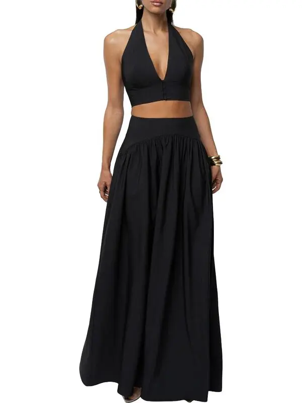 JLUXLABEL Halter Crop Top & Maxi Skirt Set - Black