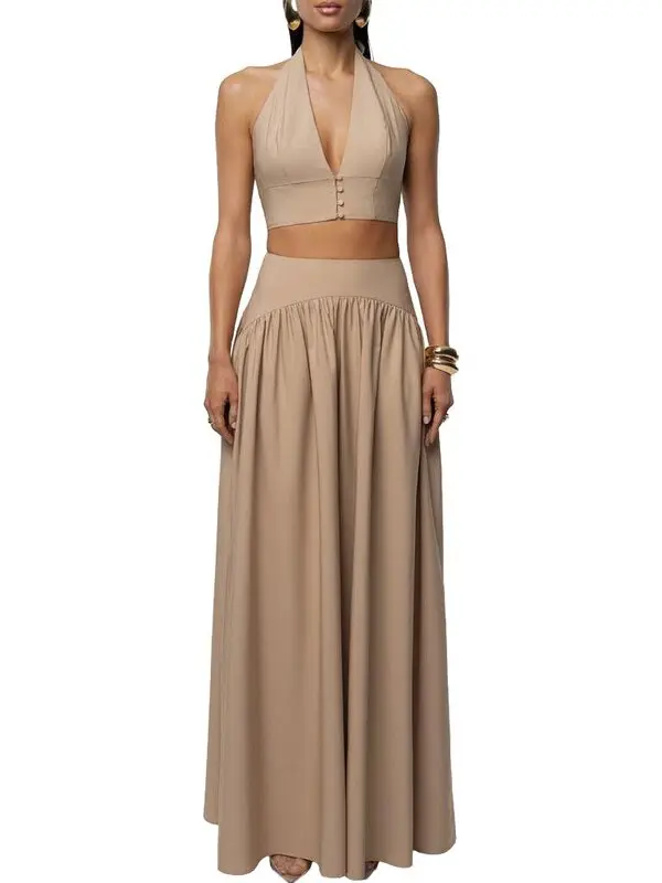 JLUXLABEL Halter Crop Top & Maxi Skirt Set - Tan