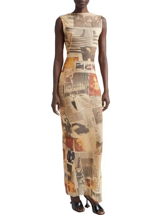 Jean Paul Gaultier Newspaper Print Mesh Body-con Dress - Ecru/light Grey/red