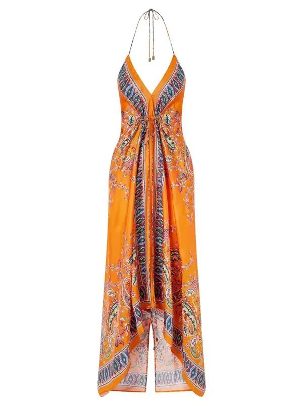 Etro Paisley-print Silk-twill Halterneck Maxi Dress - Orange