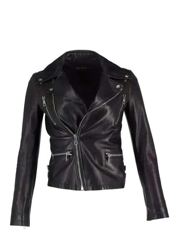 Gucci Embroidered Leather Biker Jacket - Black