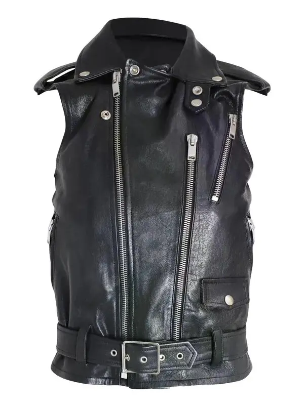 Saint Laurent Leather Zip Sleeveless Jacket - Black