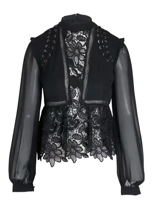 SELF-PORTRAIT Lace-trimmed Blouse - Black