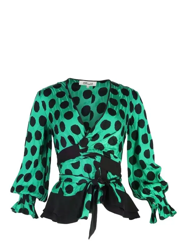 Diane Von Furstenberg Polka Dot Wrap Blouse - Green