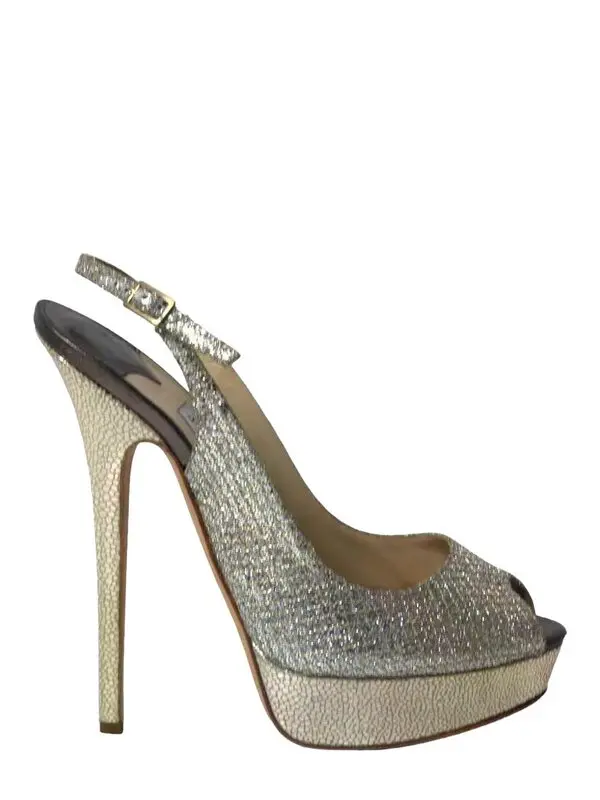 JIMMY CHOO Glitter Platform Slingback Pumps - Silver