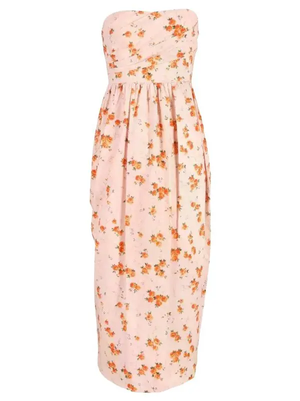 LoveShackFancy Floral-print Strapless Midi Dress - Orange