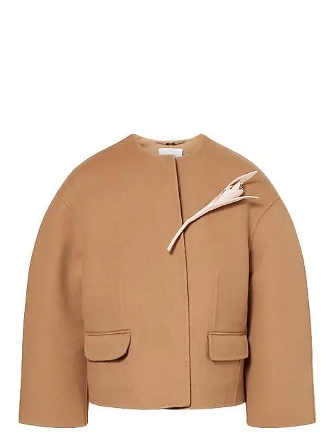 Erdem Floral Appliqué Cropped Wool Jacket - Camel