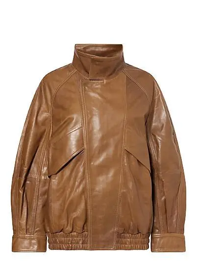 Nour Hammour Leather Funnel-neck Jacket - Lichen