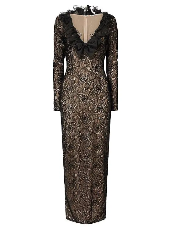 Alessandra Rich V-neck Frilled Stretch-lace Midi Dress - Black