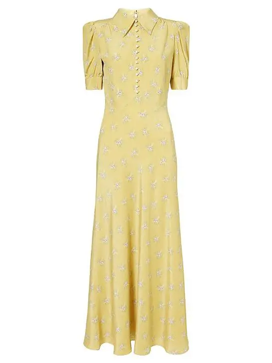 Alessandra Rich Pointed-collar Floral-pattern Silk Midi Dress - Mustard