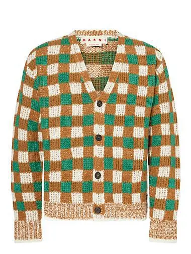 Marni Check-print V-neck Wool-blend Cardigan - Sea Green