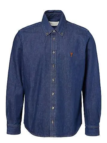 Ami Logo-embroidered Contrast-stitch Denim Shirt - Indigo