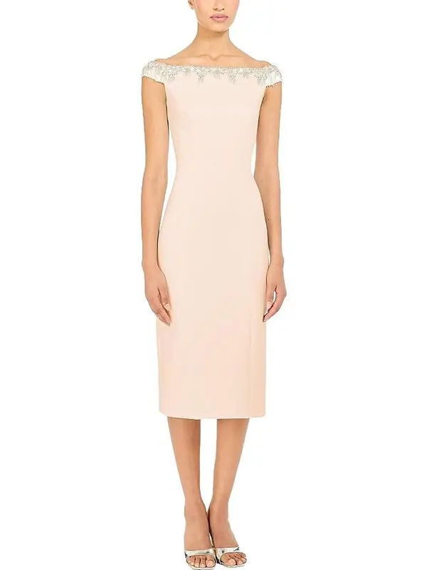 Jenny Packham Valorie Beaded Off-shoulder Midi Dress - Morganite