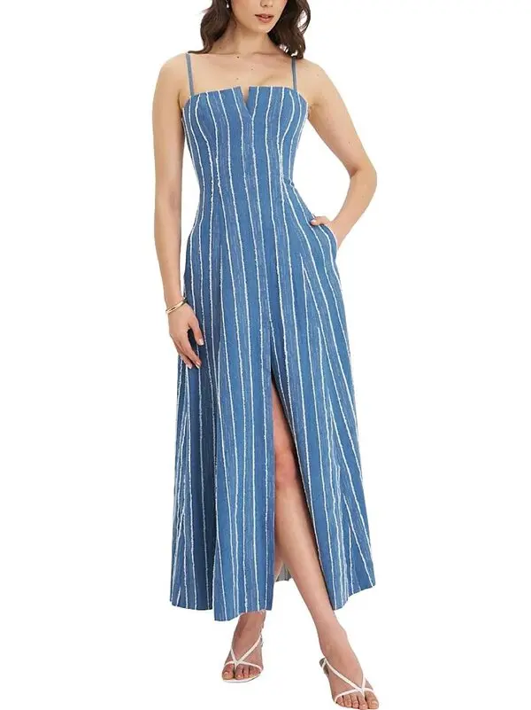 MISS CIRCLE Abygail Stripe Cotton Denim Maxi Dress - Denim Blue
