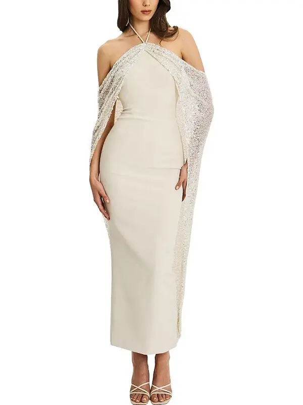 MISS CIRCLE Beaded Cape Halter Maxi Gown - Almond