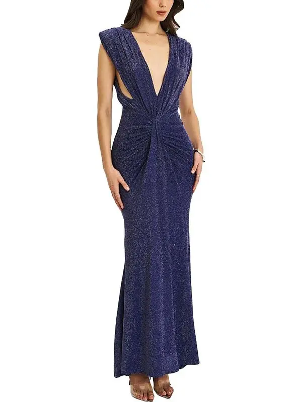 MISS CIRCLE NEW YORK Terri Sparkle Plunging Backless Maxi Dress - Navy