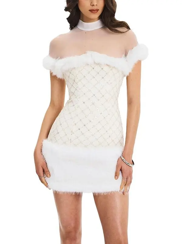 MISS CIRCLE Taylor Faux Fur Trimmed Beaded Boucle Mini Dress - White