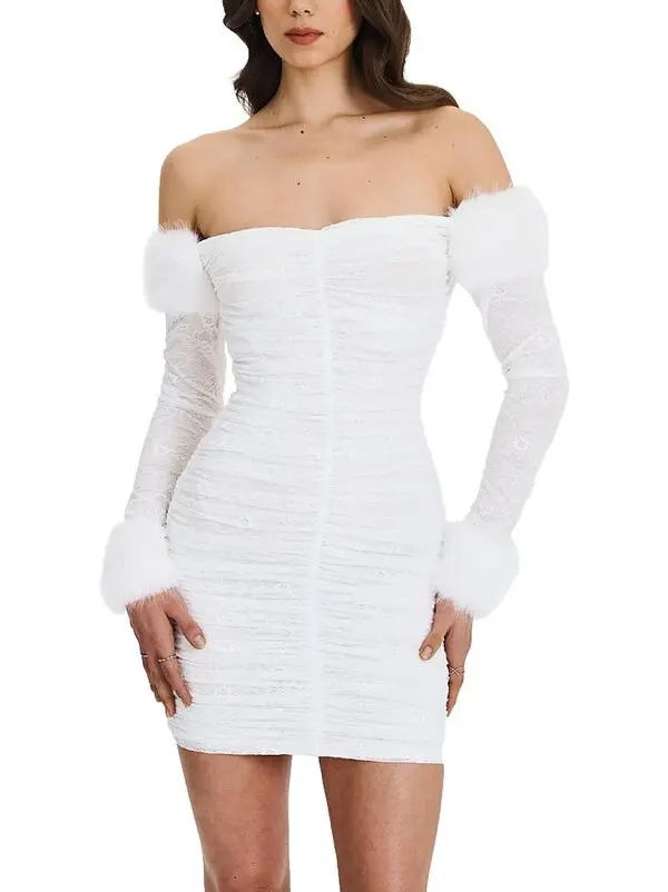 MISS CIRCLE Lani Lace Off-shoulder Ruched Mini Dress - White