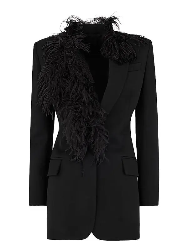 Attico Wool Jacket With Ostrich Feather Trim - Black
