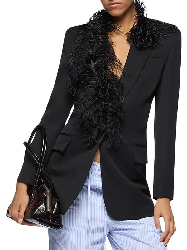 Attico Wool Jacket With Ostrich Feather Trim - Black