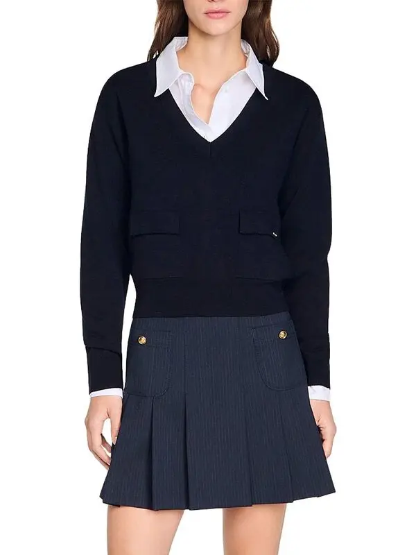 Sandro Wool V-neck Sweater - Navy Blue