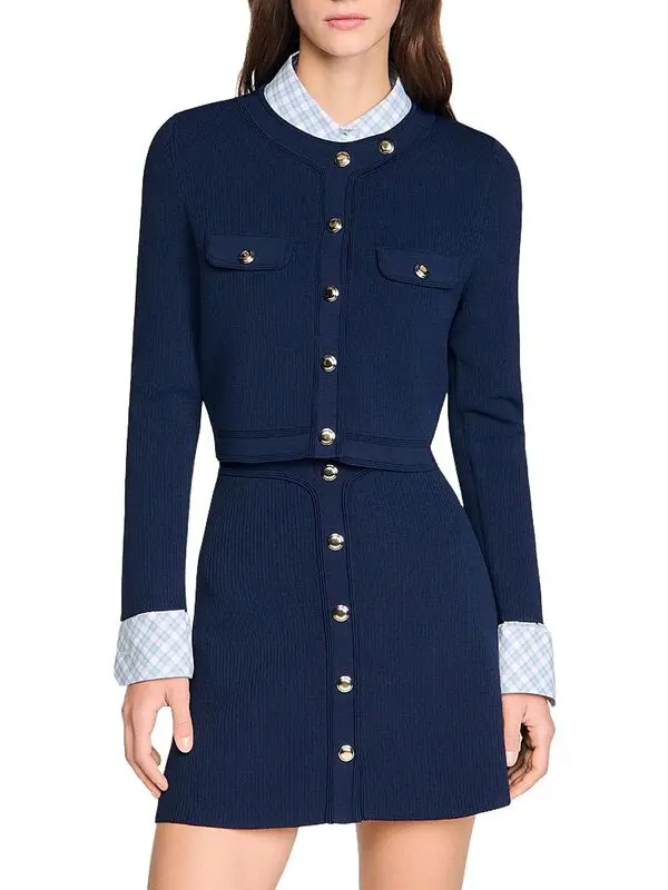 Sandro Cropped Rib Knit Cardigan With Button Detailing And Pockets - Navy Blue