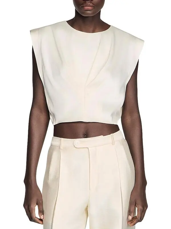 Sandro Pleated Satin Crop Top - Ecru
