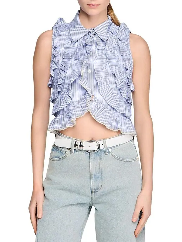 Sandro Cropped Ruffled Shirt - Bleu / Marine